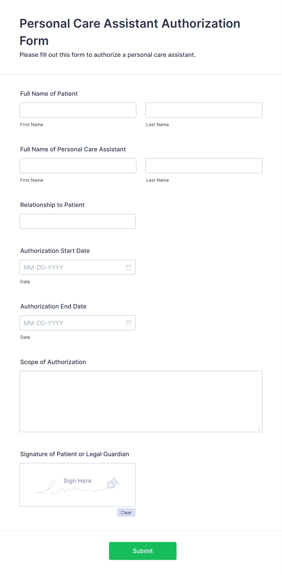 Personal Care Assistant Authorization Form Template | Jotform