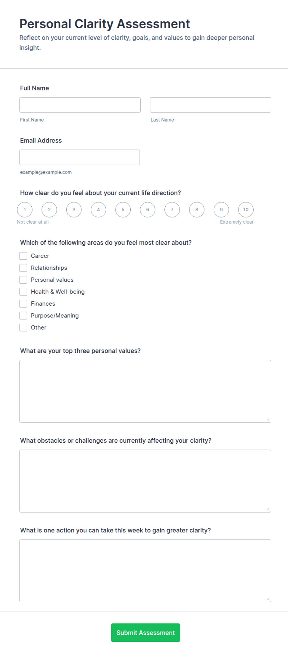 Personal Clarity Assessment Form Template | Jotform