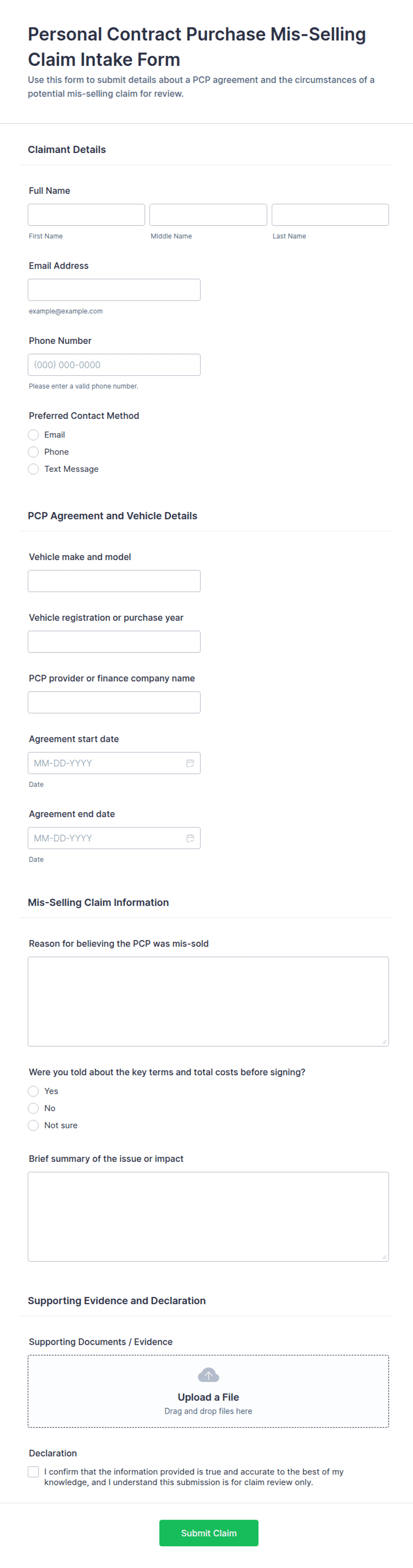 Personal Contract Purchase Mis-Selling Claim Form Template | Jotform