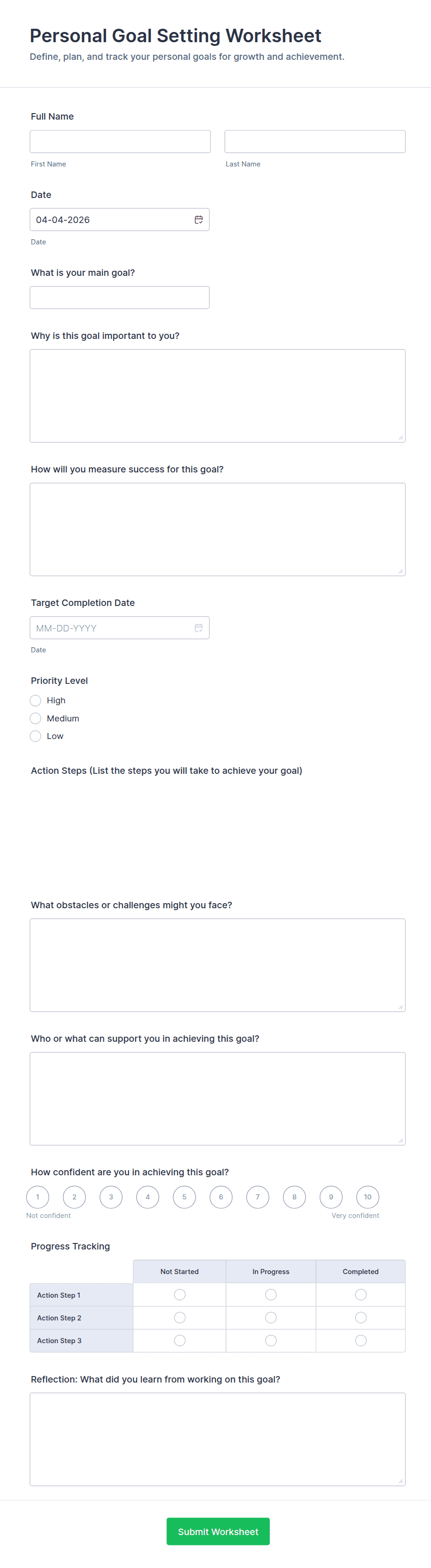 Personal Goal Setting Worksheet Form Template | Jotform