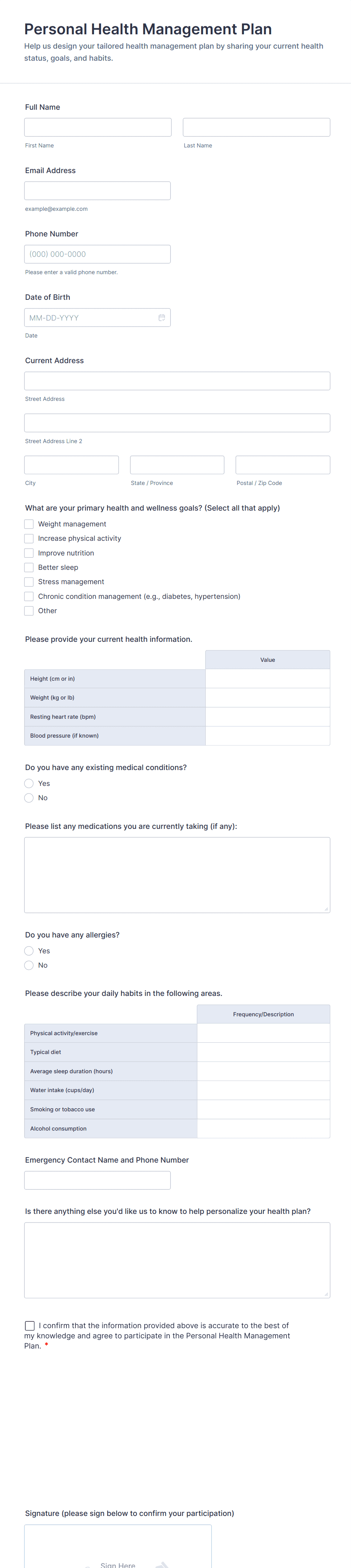 Personal Health Management Plan Form Template | Jotform