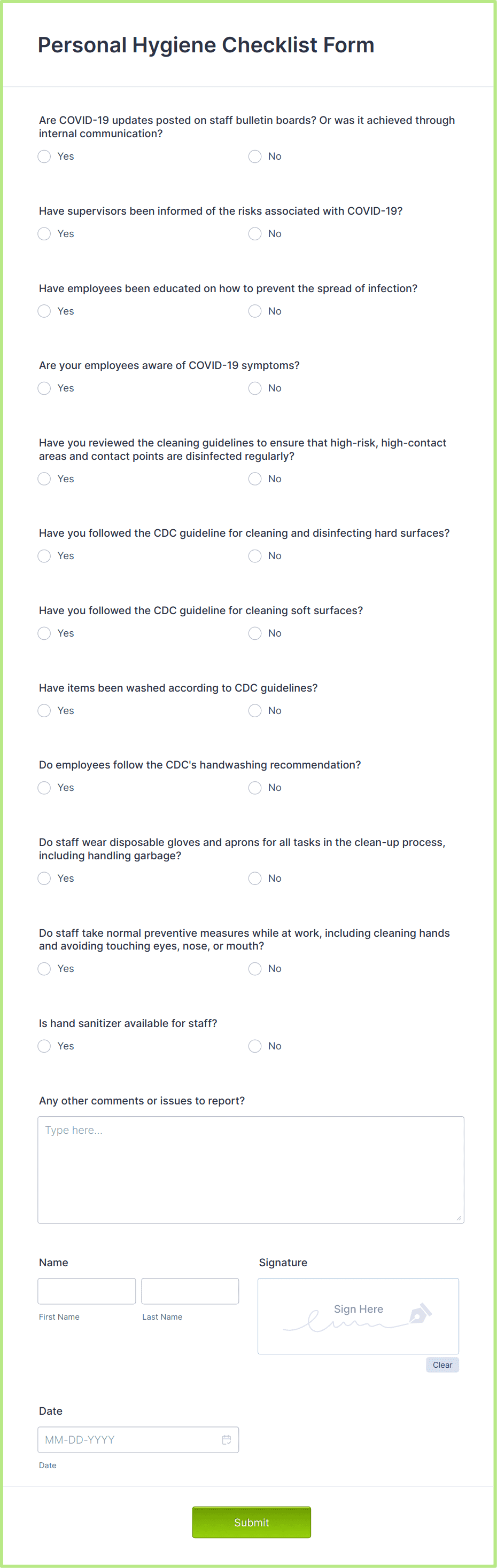 Personal Hygiene Checklist Form Template | Jotform