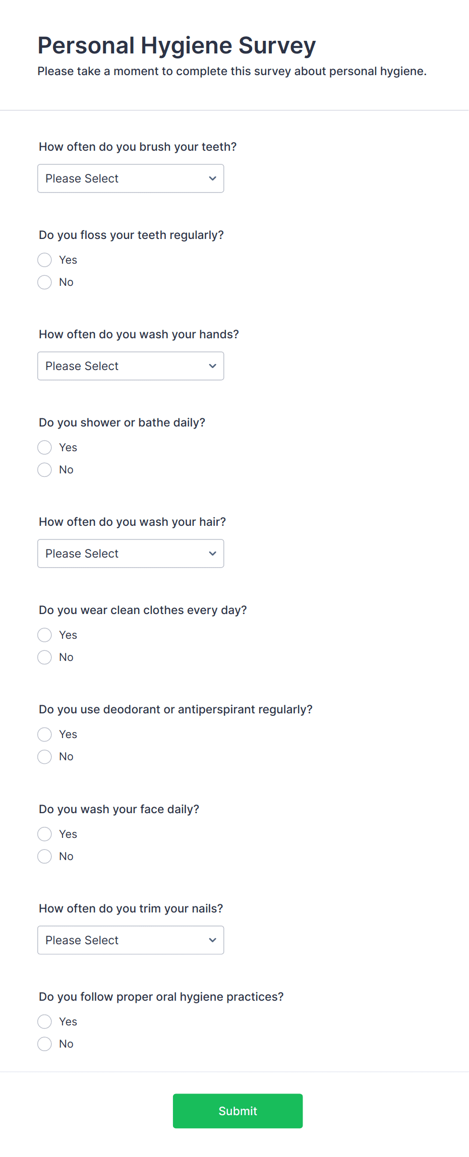 Personal Hygiene Survey Form Template | Jotform