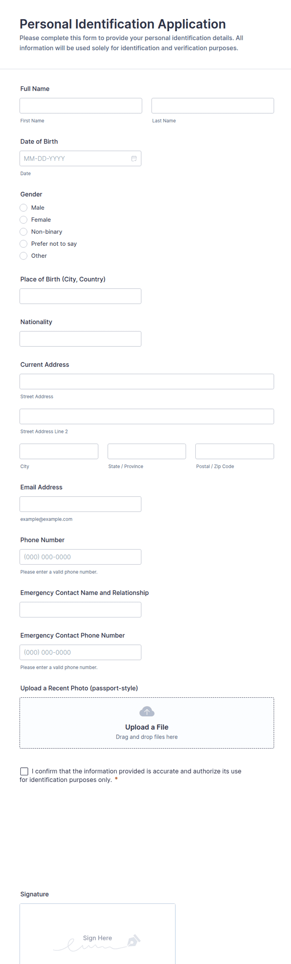 Personal Identification Application Form Template | Jotform