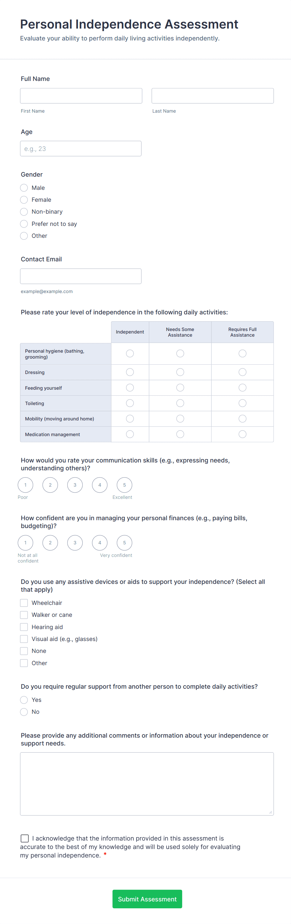 Personal Independence Assessment Form Template | Jotform