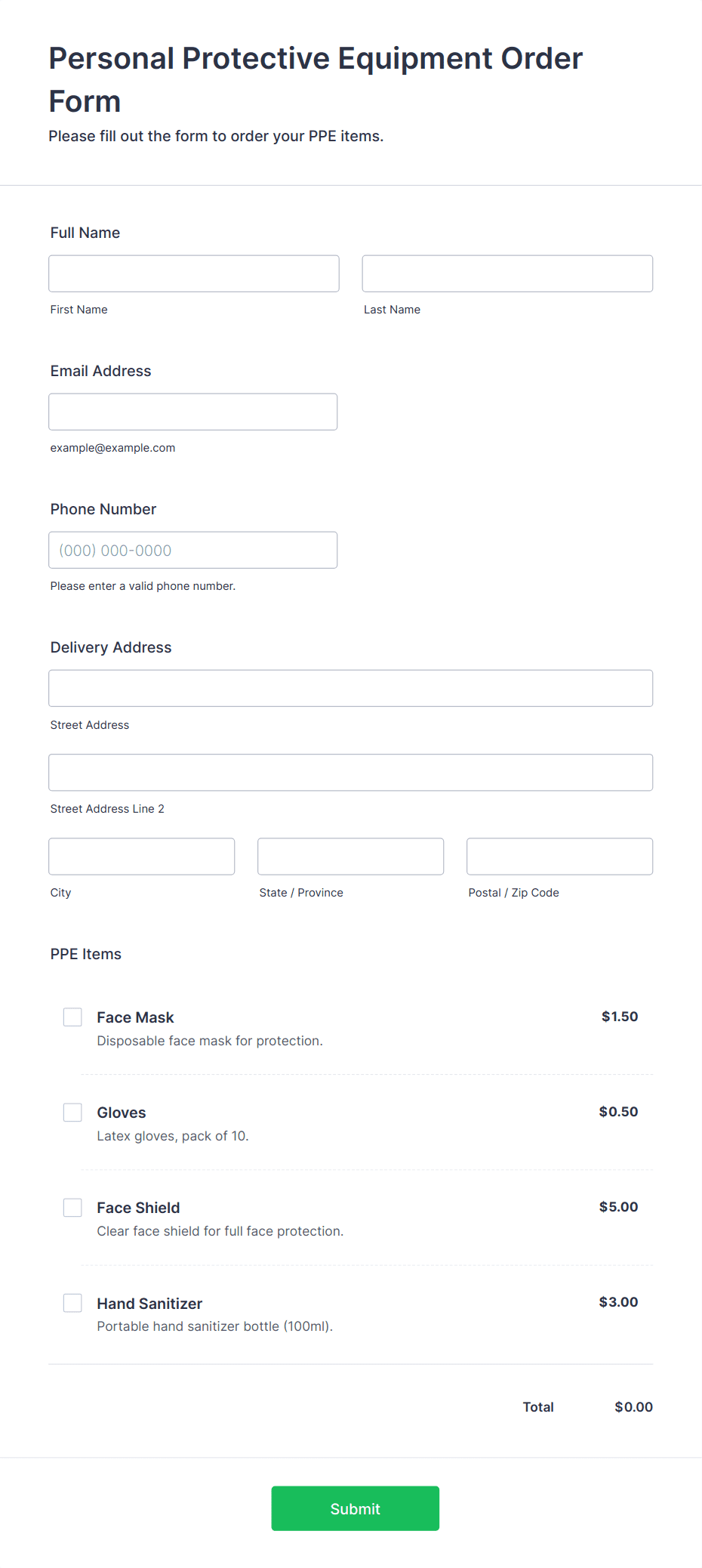 Personal Protective Equipment Order Form Template | Jotform