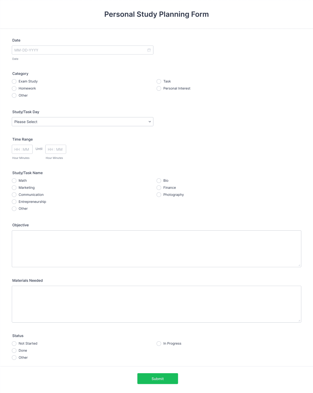 Personal Study Planning Form Template | Jotform