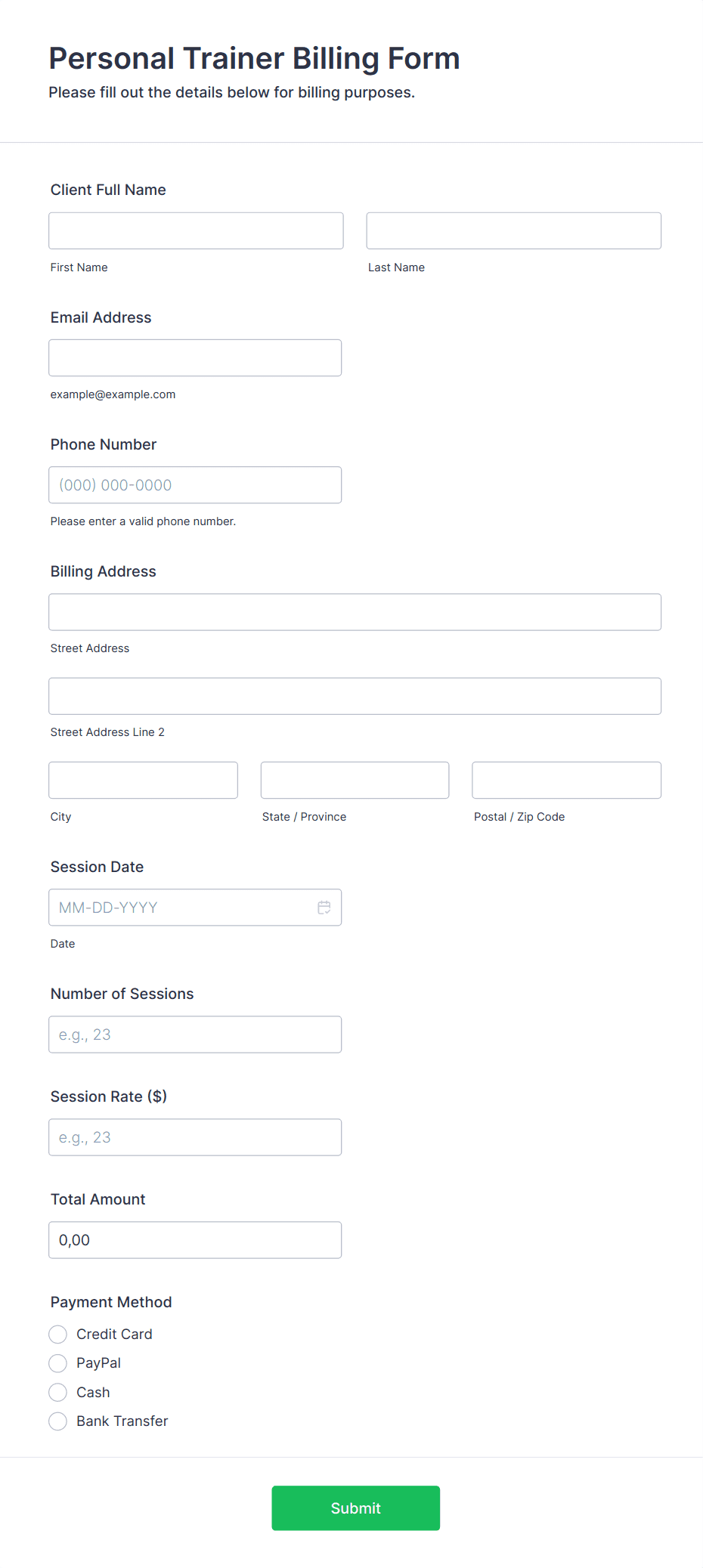 Personal Trainer Billing Form Template | Jotform