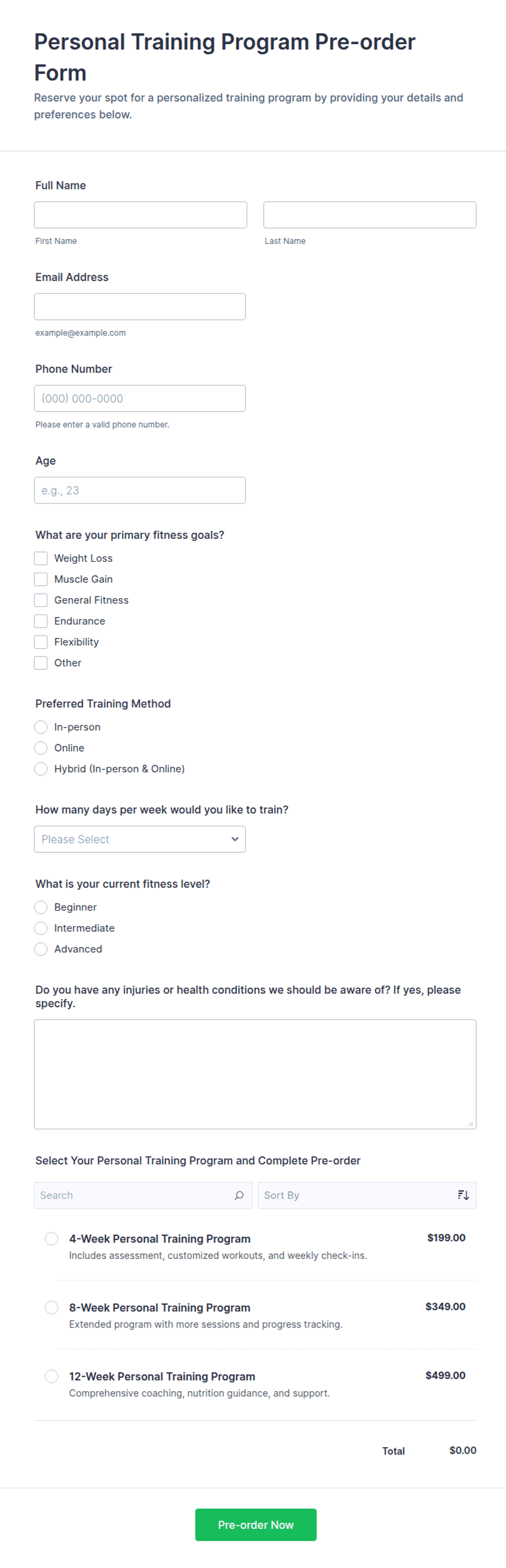 Personal Training Program Pre-order Form Template | Jotform