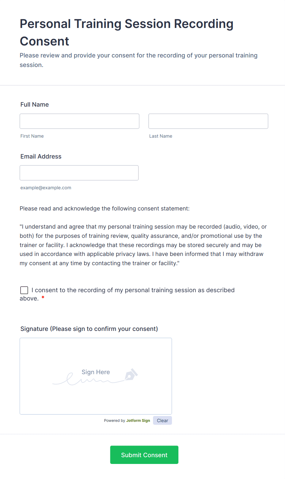 Personal Training Session Recording Consent Form Template | Jotform