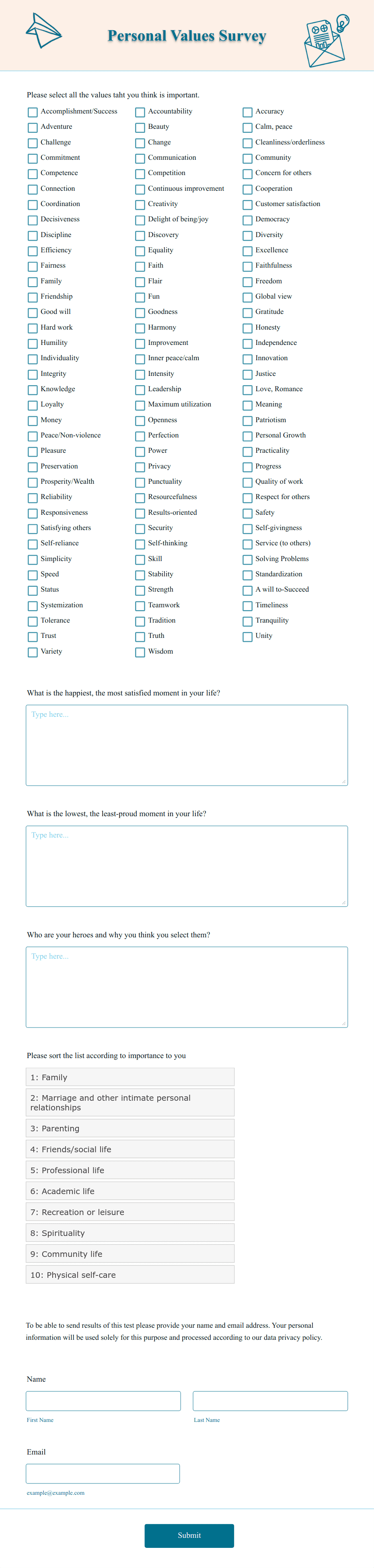 Personal Values Survey Form Template | Jotform