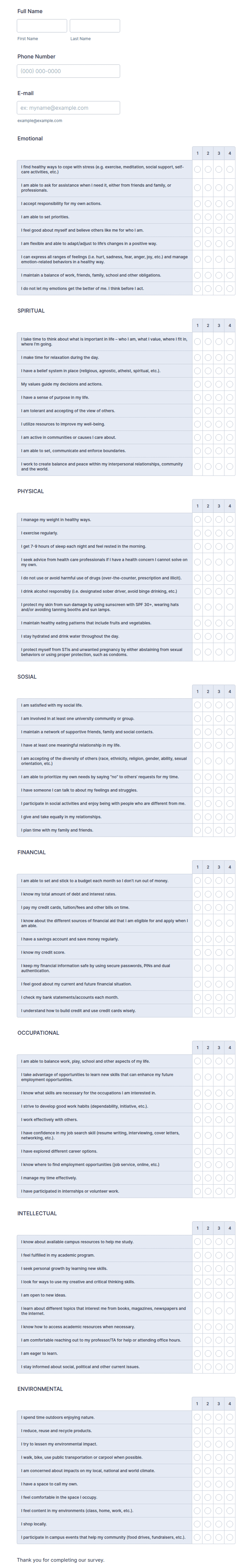 Personal Wellness Assessment Form Template | Jotform