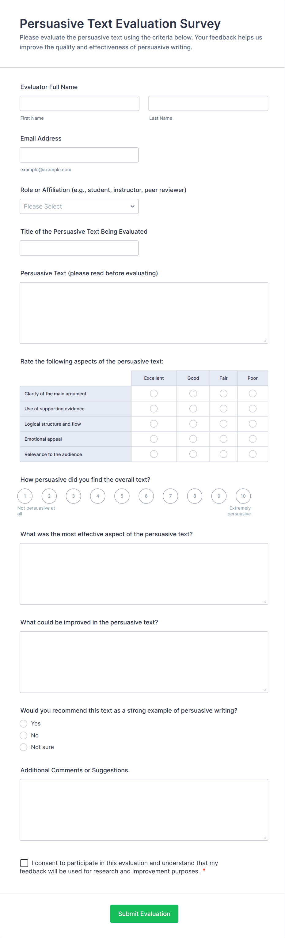 Persuasive Text Evaluation Survey Form Template | Jotform