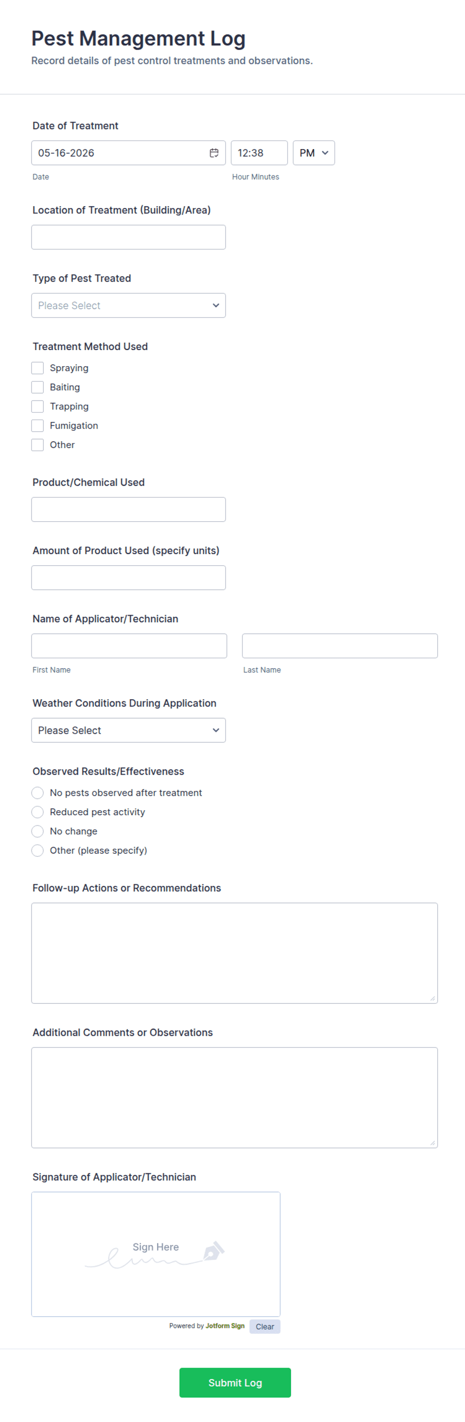 Pest Management Log Form Template | Jotform