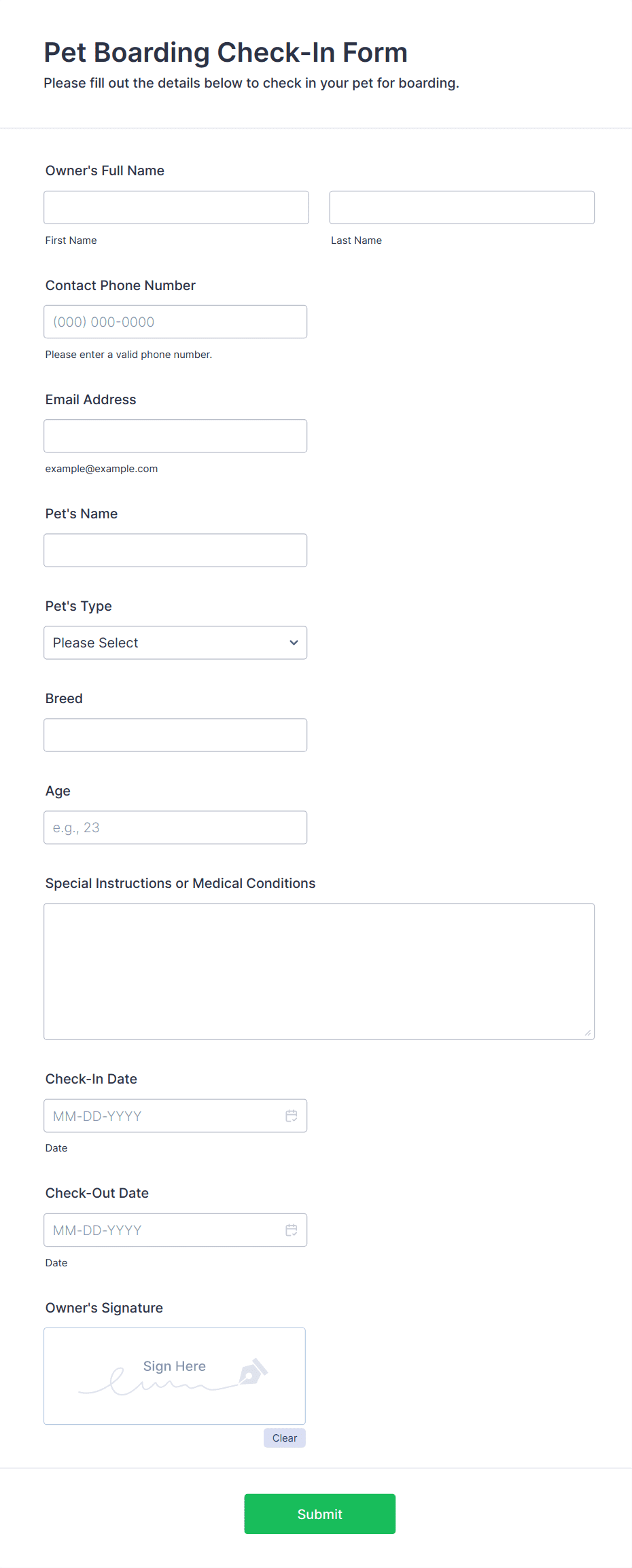 Pet Boarding Check-In Form Template | Jotform