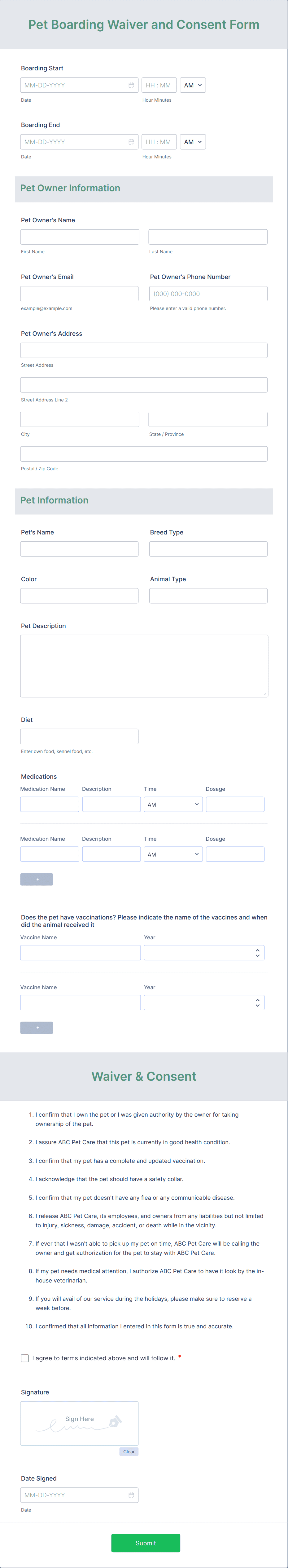 Pet Boarding Waiver and Consent Form Template | Jotform