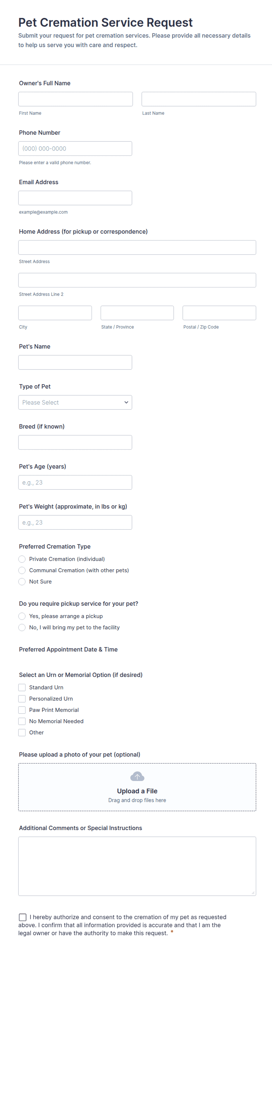 Pet Cremation Service Request Form Template | Jotform