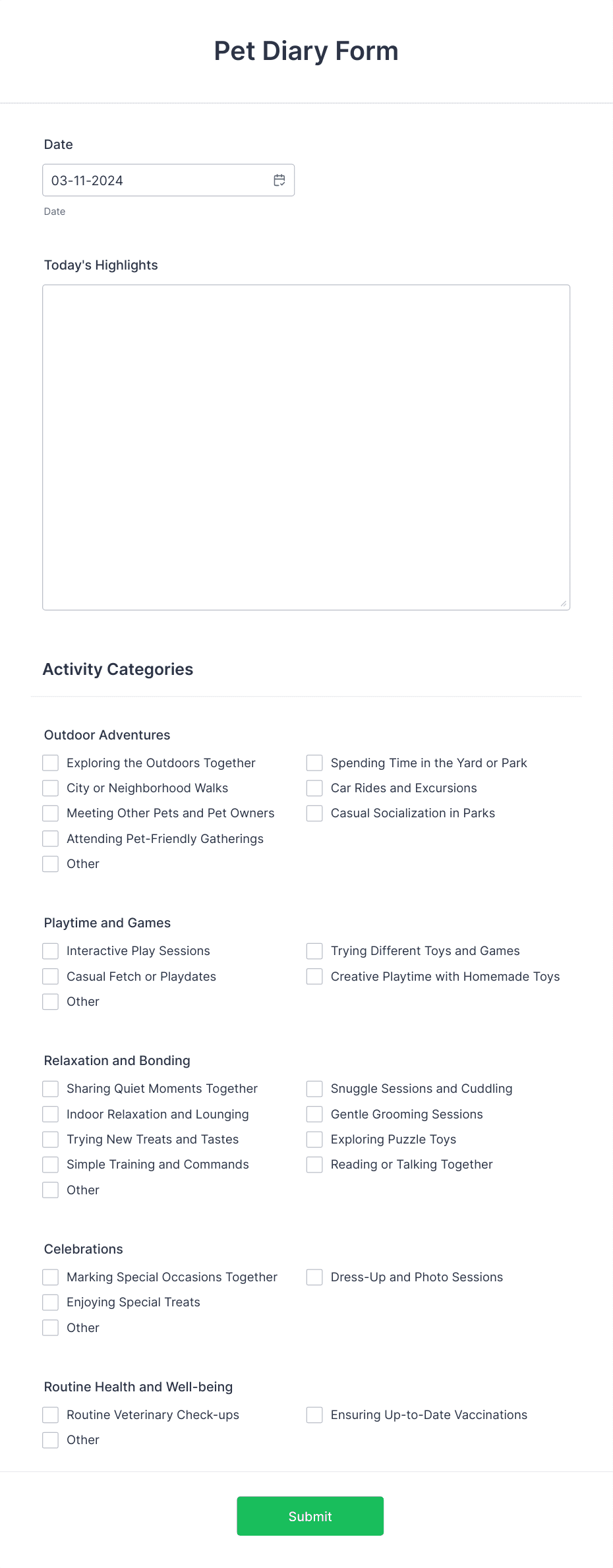 Pet Diary Form Template | Jotform