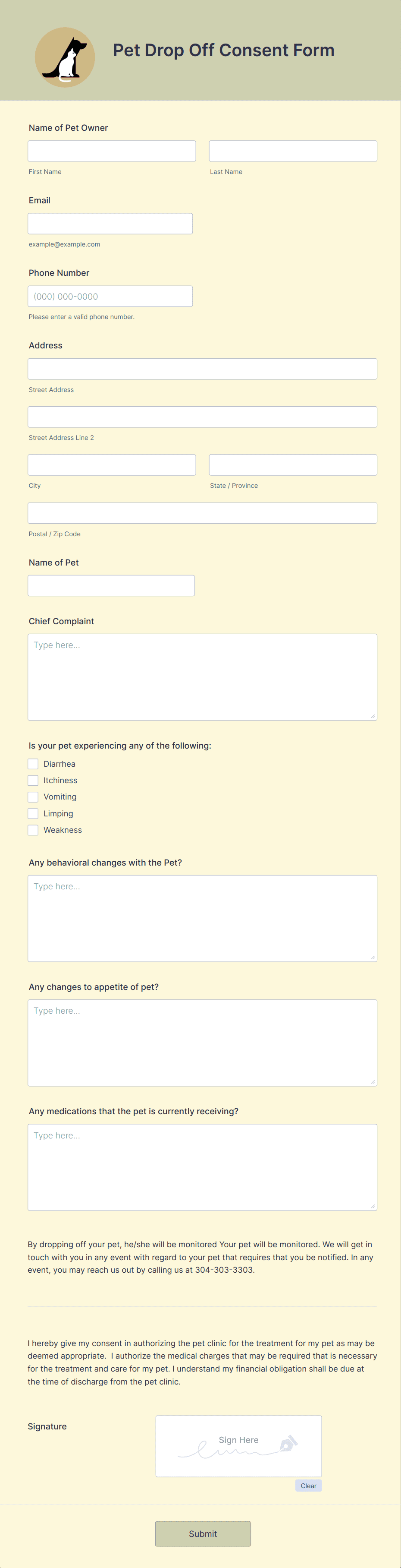 Pet Drop Off Consent Form Template | Jotform