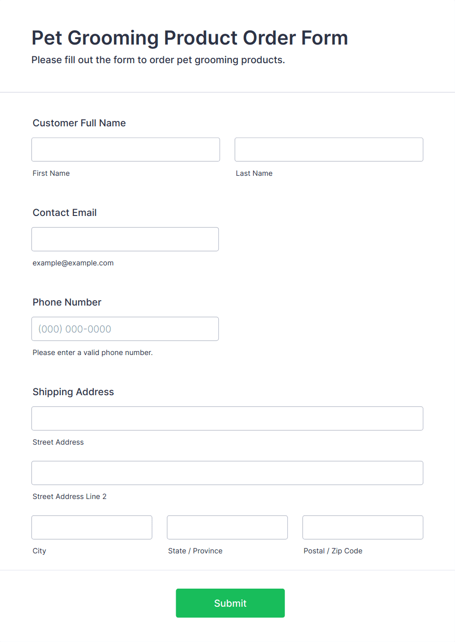 Pet Grooming Product Order Form Template | Jotform