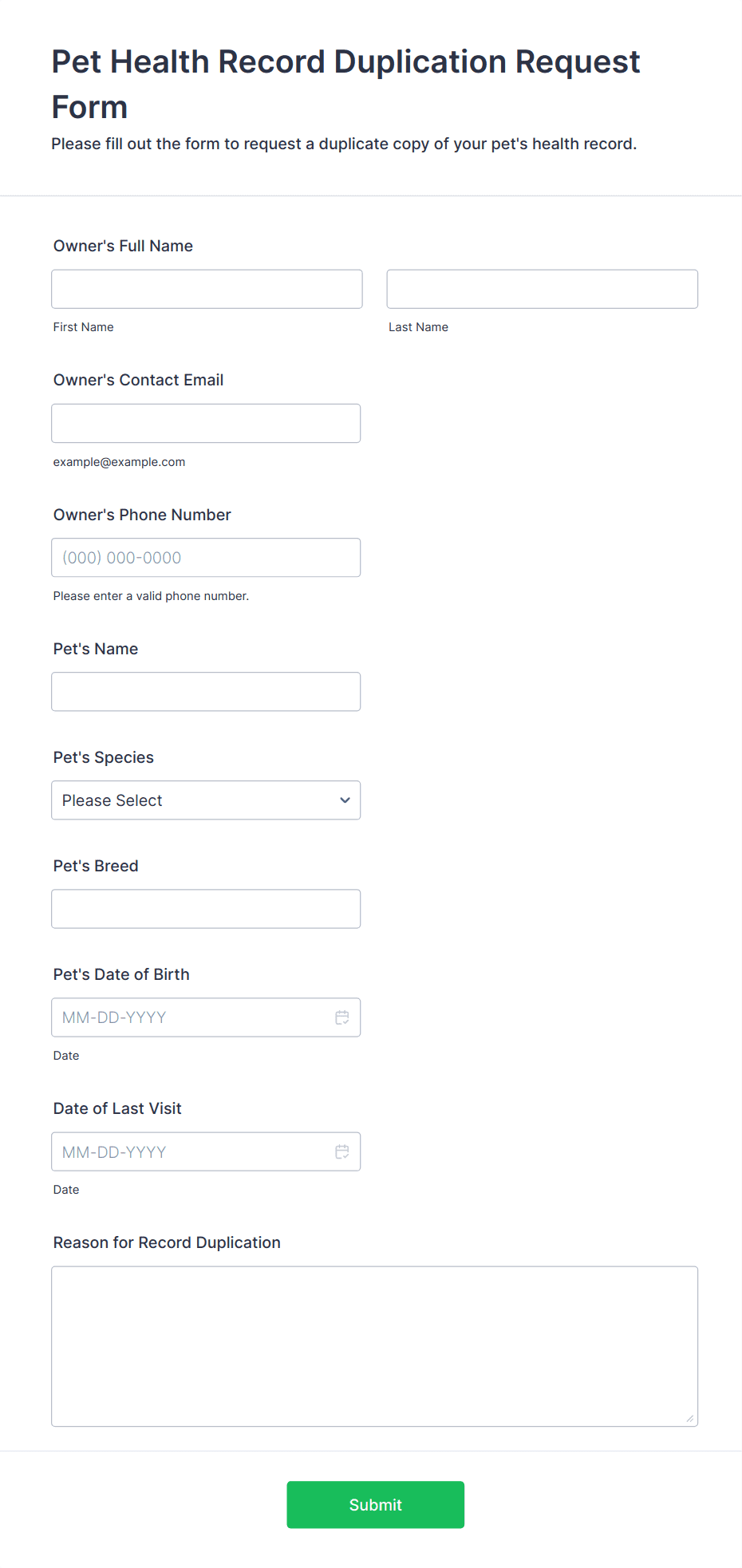 Pet Health Record Duplication Request Form Template | Jotform