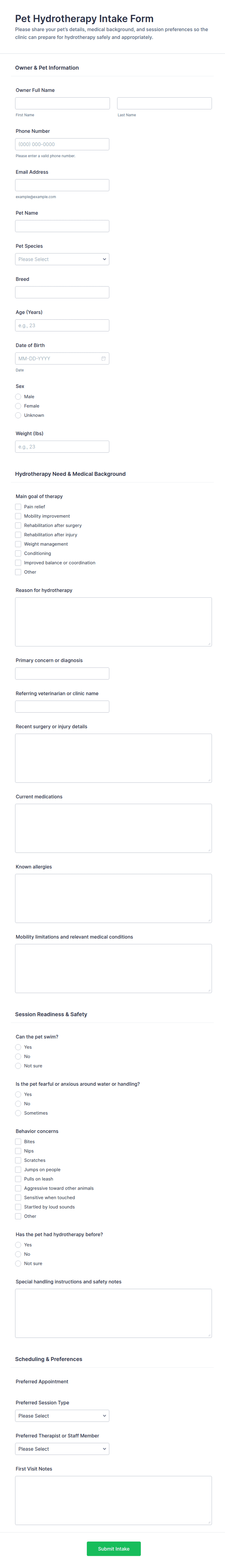 Pet Hydrotherapy Intake Form Template | Jotform