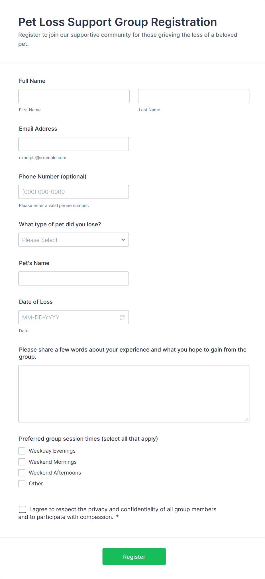 Pet Loss Support Group Registration Form Template | Jotform