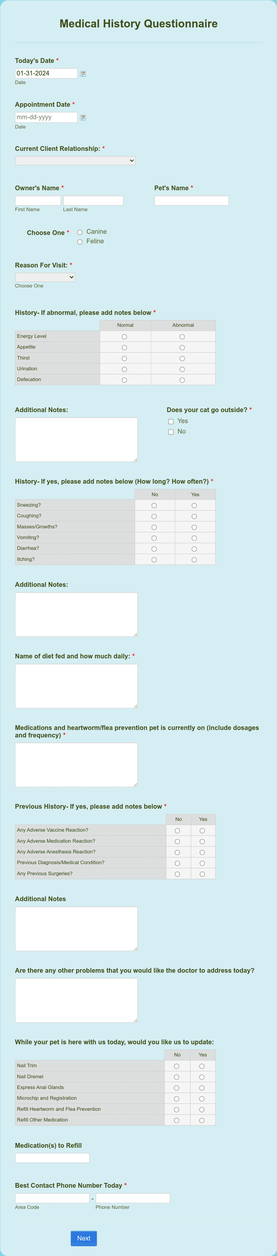 Pet Medical History Questionnaire Form Template | Jotform