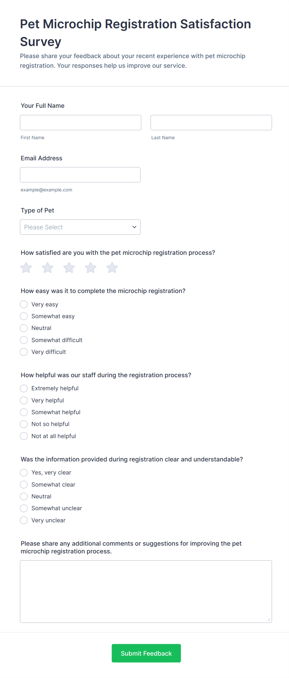 Pet Microchip Registration Satisfaction Survey Form Template | Jotform
