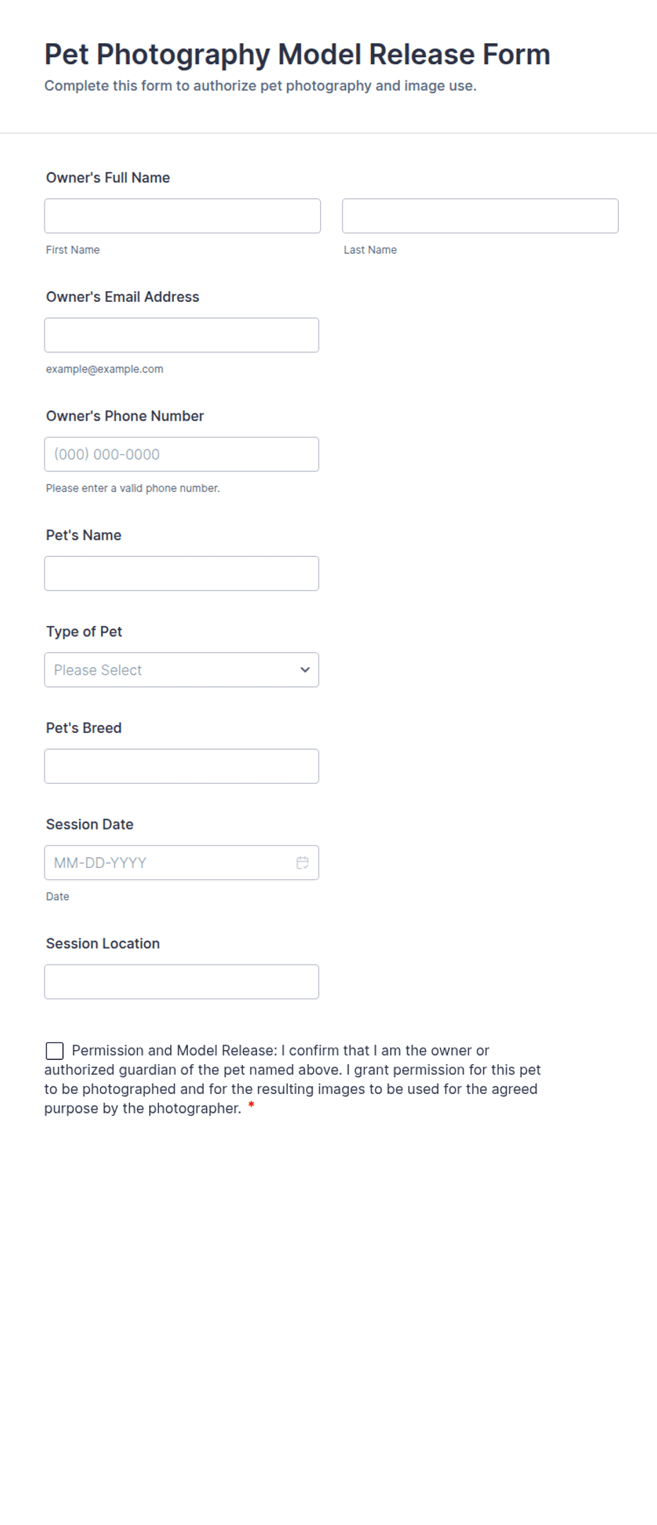 Pet Photography Model Release Form Template | Jotform