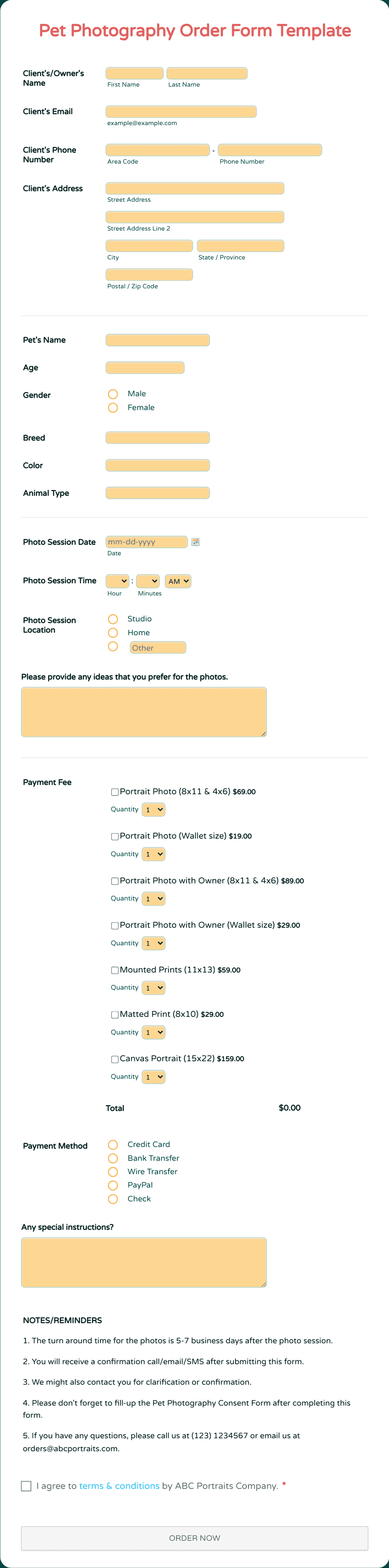 Pet Photography Order Form Template | Jotform