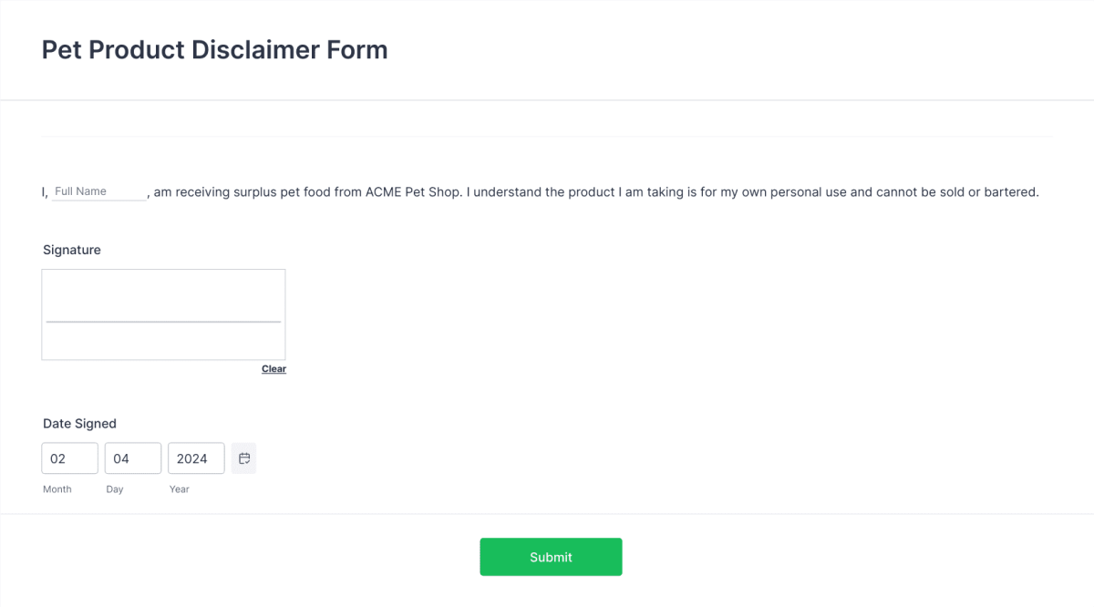 Pet Product Disclaimer Form Template | Jotform