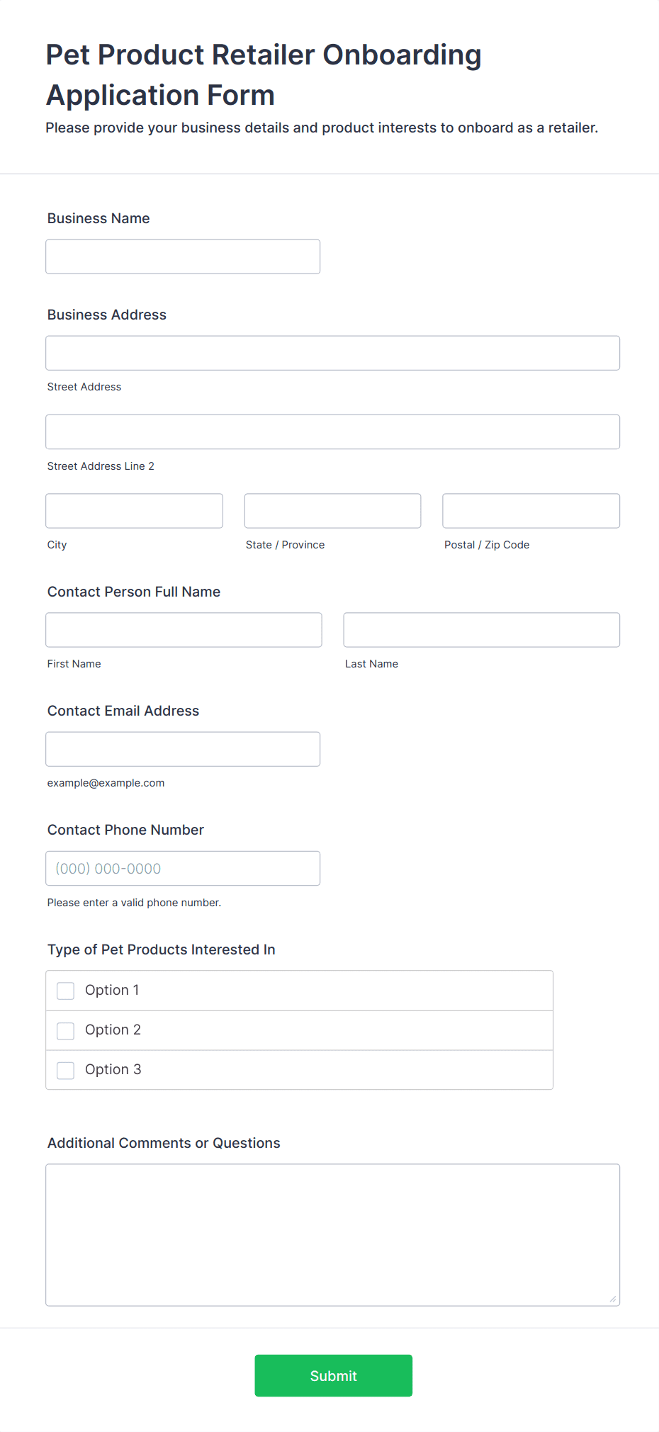 Pet Product Retailer Onboarding Application Form Template | Jotform