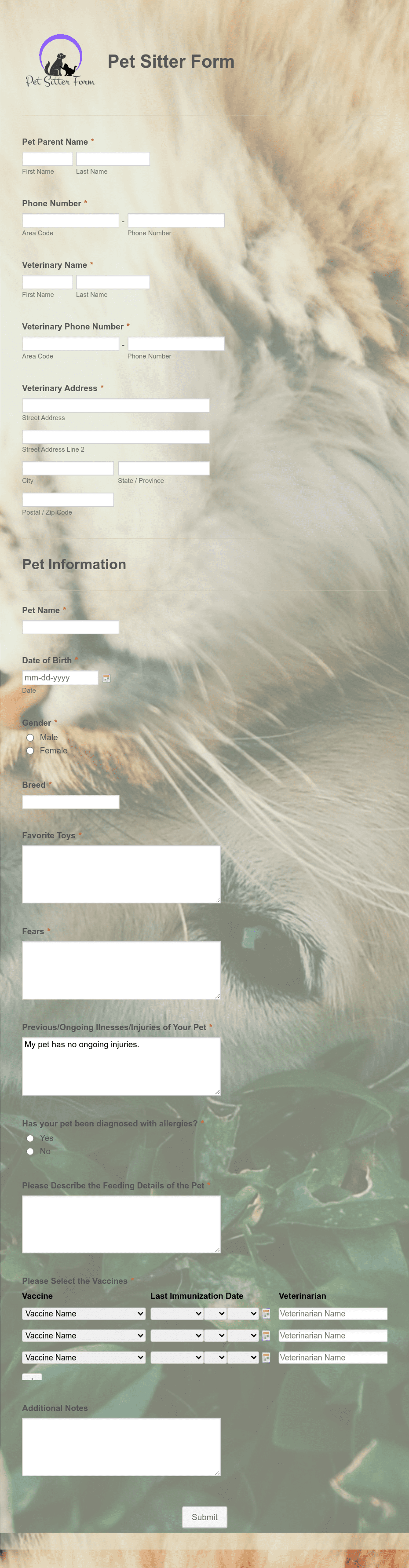 Pet Sitter Form Template | Jotform