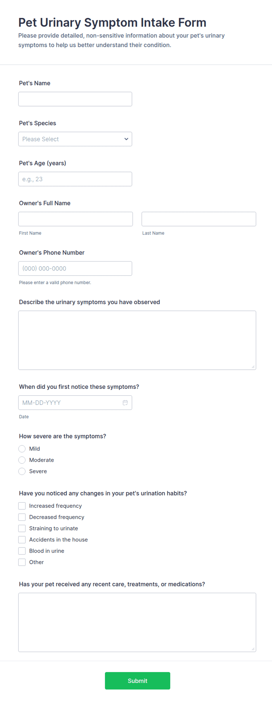 Pet Urinary Symptom Intake Form Template | Jotform