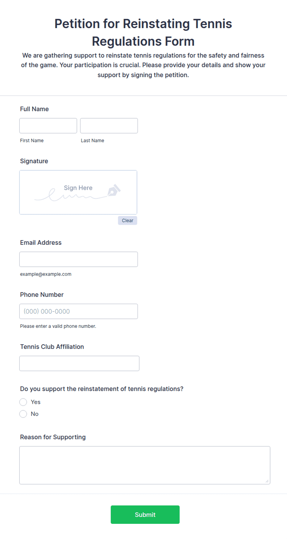 Petition for Reinstating Tennis Regulations Form Template | Jotform