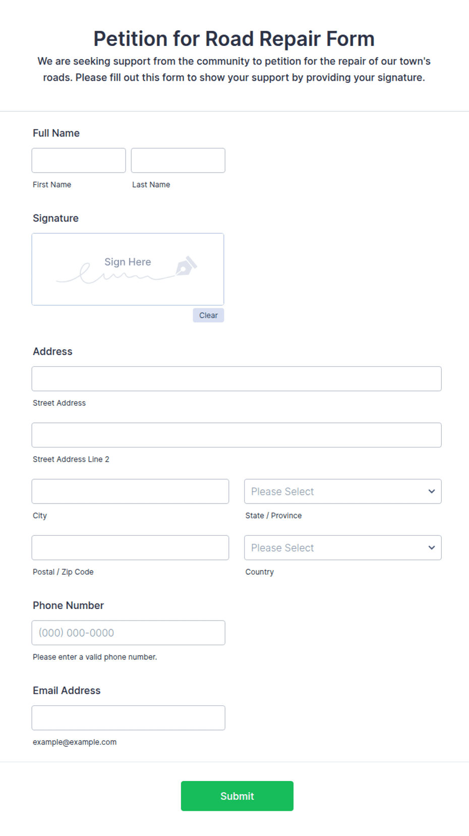 Petition for Road Repair Form Template | Jotform
