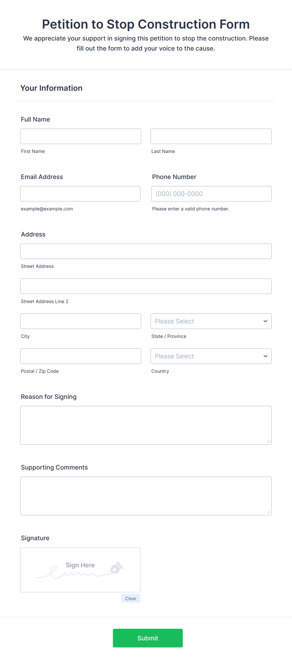 Petition to Stop Construction Form Template | Jotform