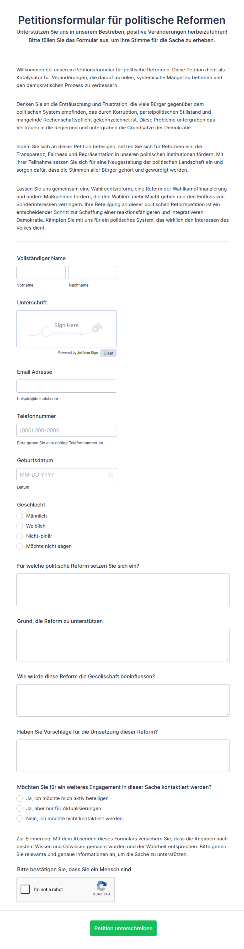 Petitionsformular für politische Reformen Formularvorlage | Jotform
