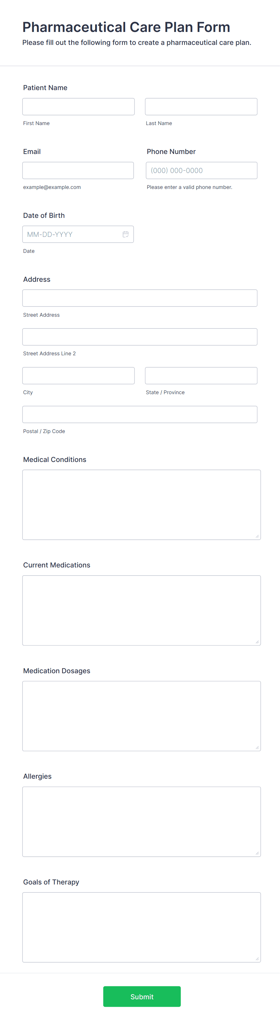 Pharmaceutical Care Plan Form Template | Jotform