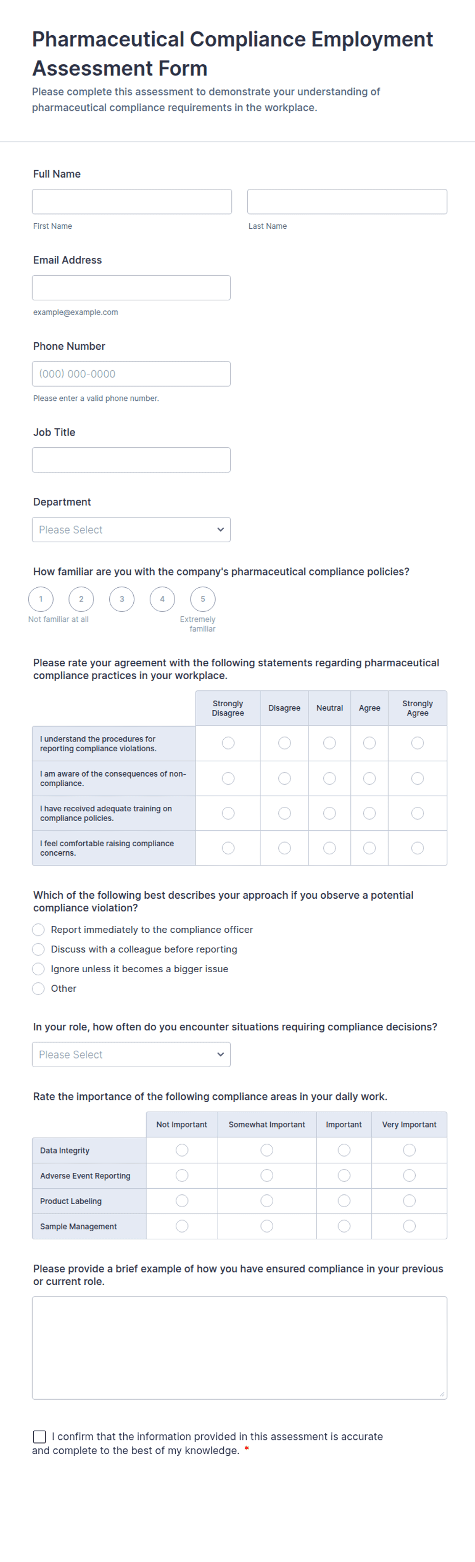 Pharmaceutical Compliance Employment Assessment Form Template | Jotform