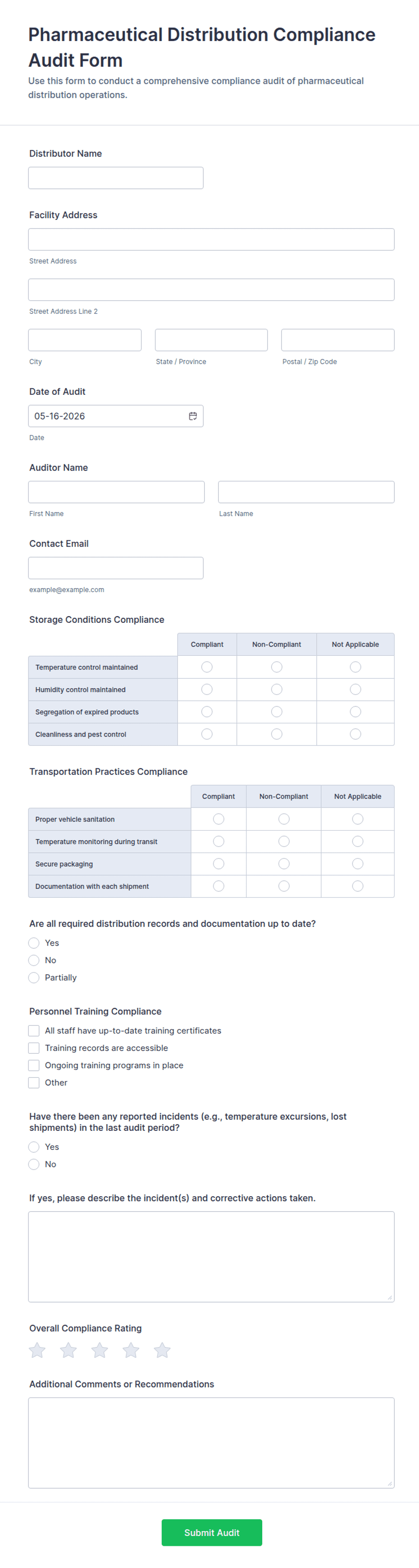 Pharmaceutical Distribution Compliance Audit Form Template | Jotform
