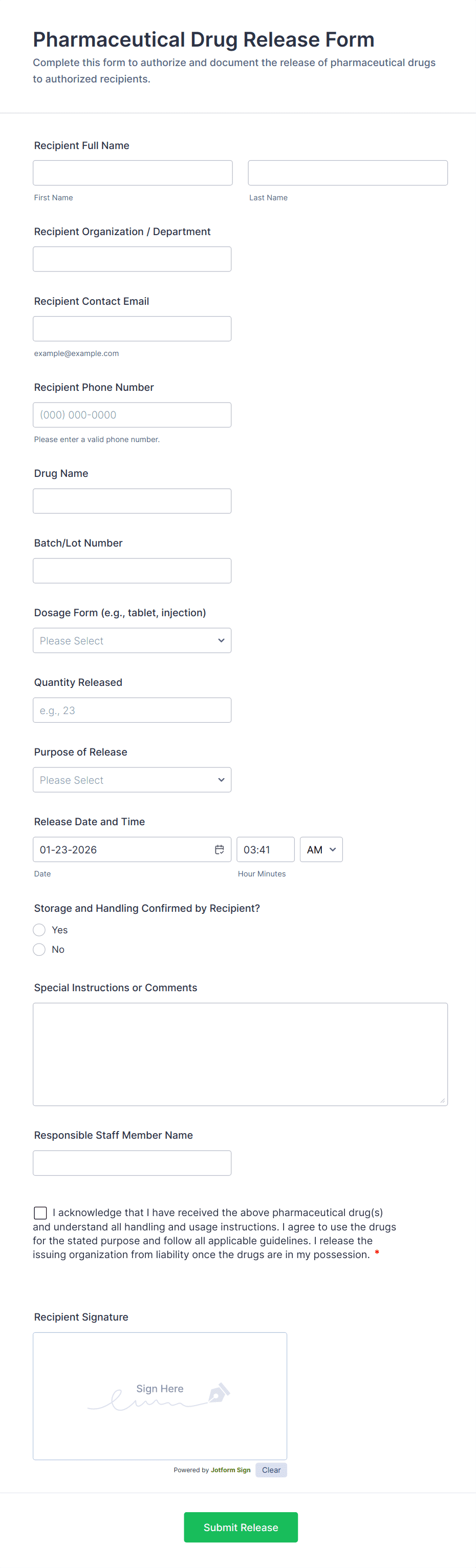 Pharmaceutical Drug Release Form Form Template | Jotform