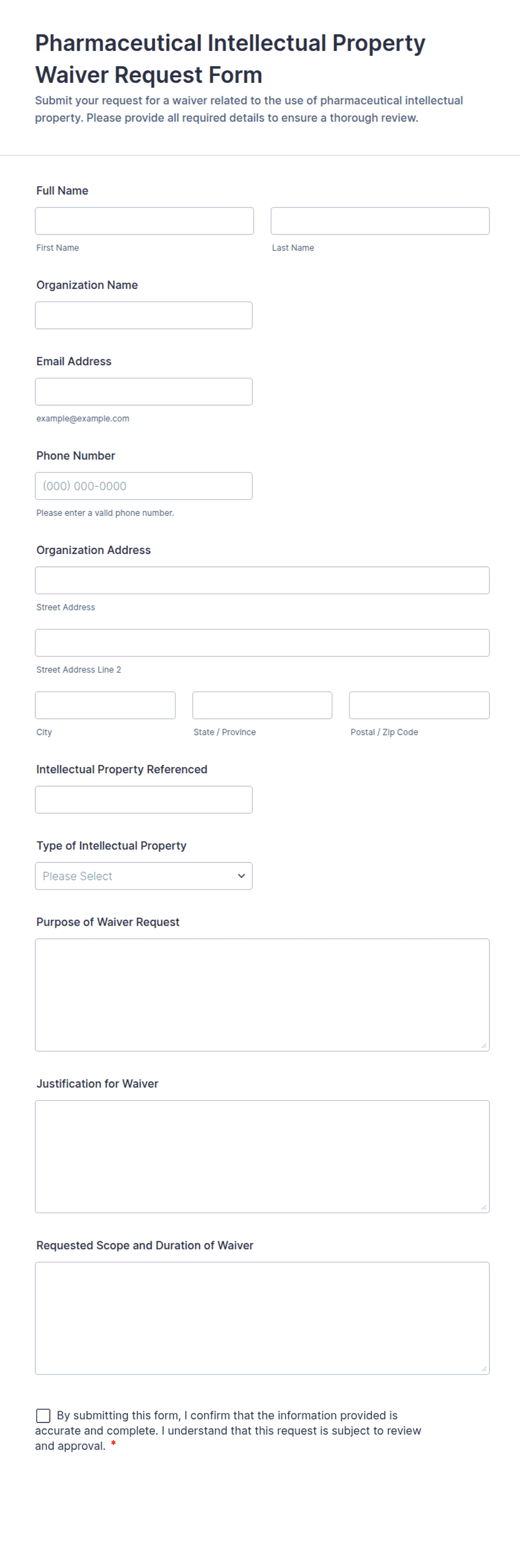 Pharmaceutical Intellectual Property Waiver Request Form Template | Jotform
