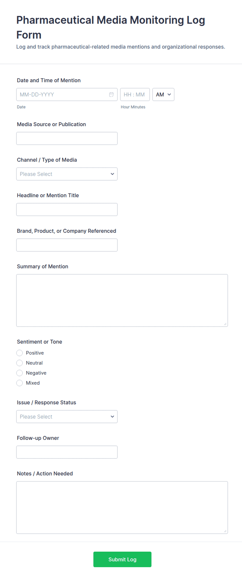 Pharmaceutical Media Monitoring Log Form Template | Jotform