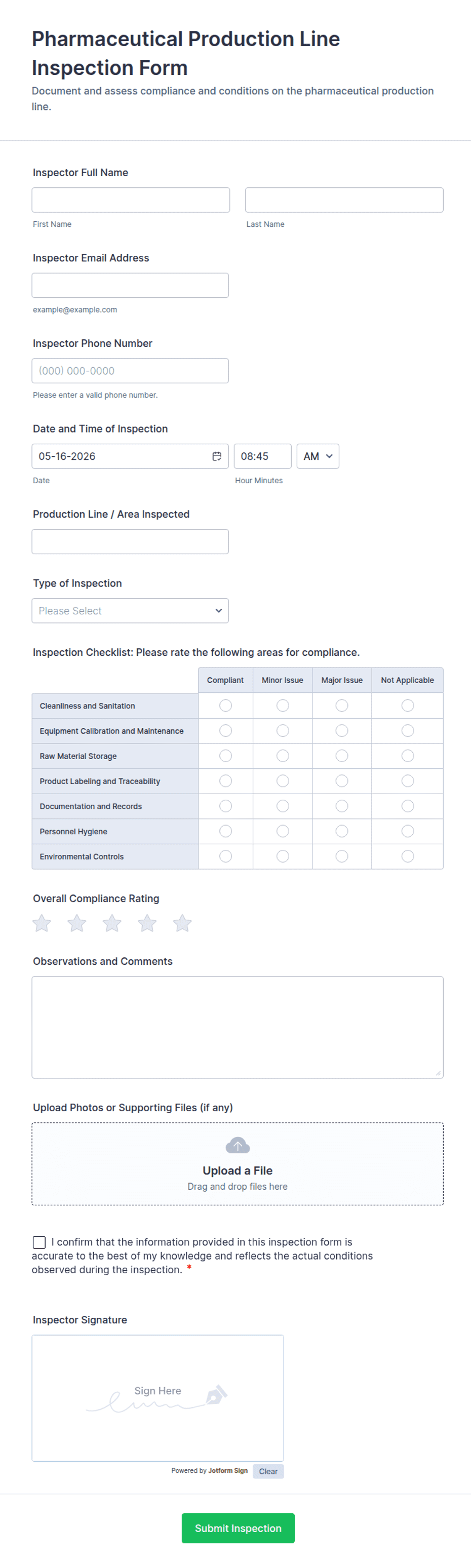 Pharmaceutical Production Line Inspection Form Template | Jotform