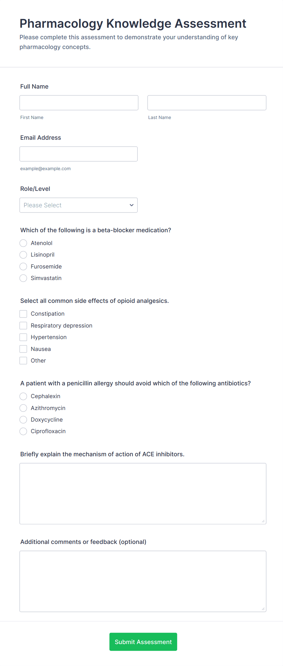 Pharmacology Knowledge Assessment Form Template | Jotform