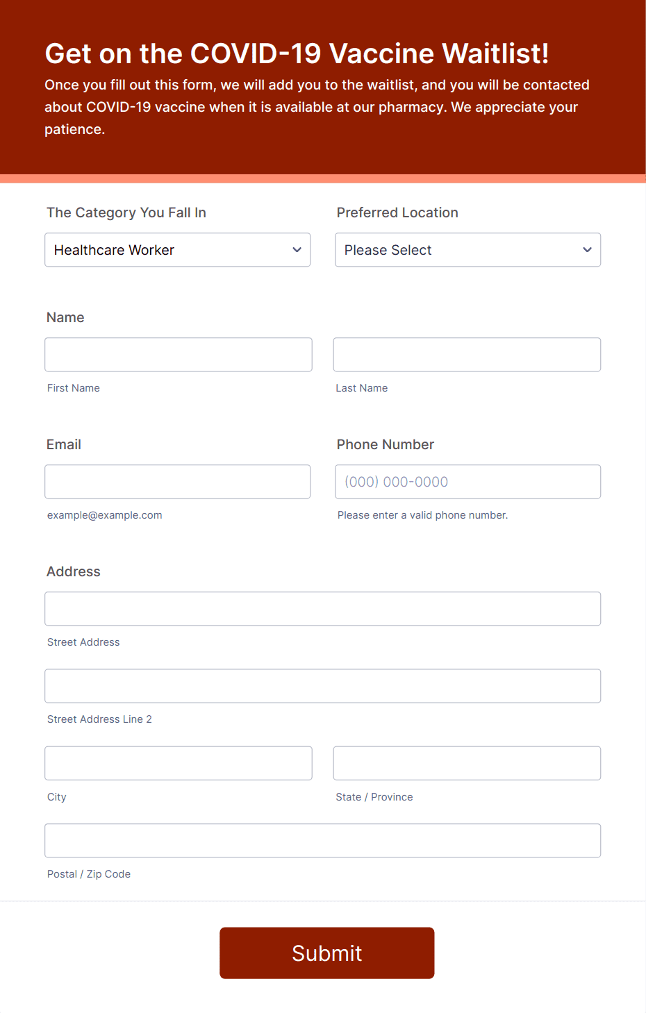 Pharmacy COVID-19 Waitlist Form Template | Jotform