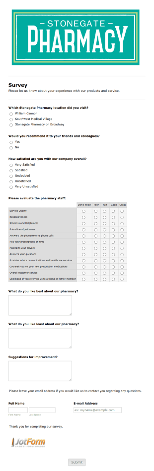 Pharmacy Service Satisfaction Survey Form Template | Jotform