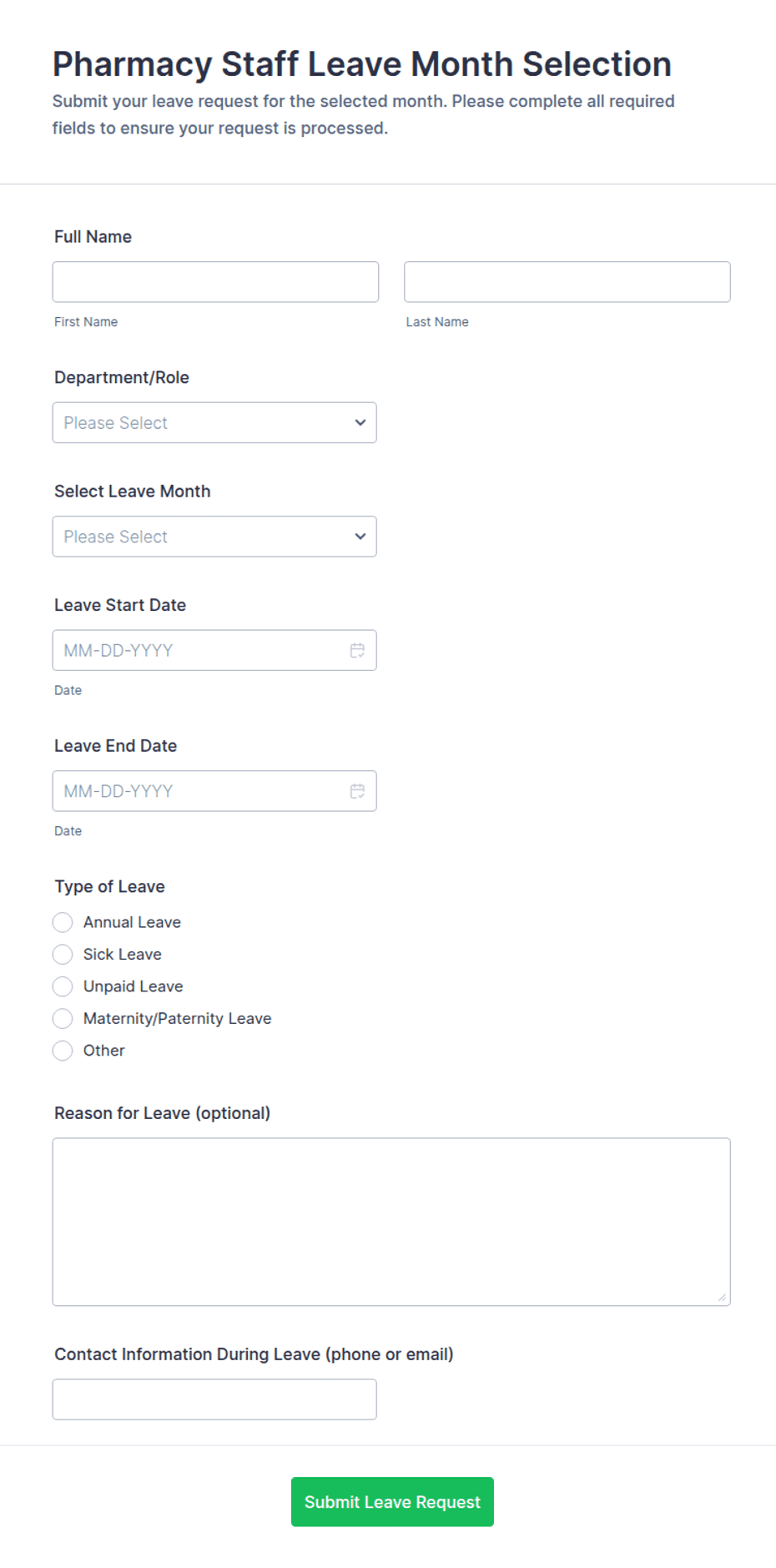 Pharmacy Staff Leave Month Selection Form Template | Jotform